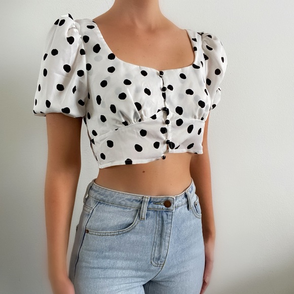 Cider | Tops | Cider Black White Polka Dot Crop Top Puff Sleeve Button Up Blouse Top Retro Nwt ...